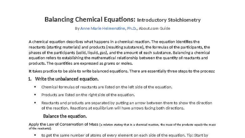 Balancing Chemical Equations: Introductory Stoichiometry (CHEM101 ...