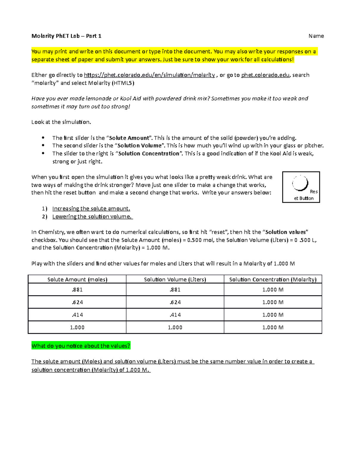 Molarity & Solutions: PhET Simulation Lab Guide - Studocu