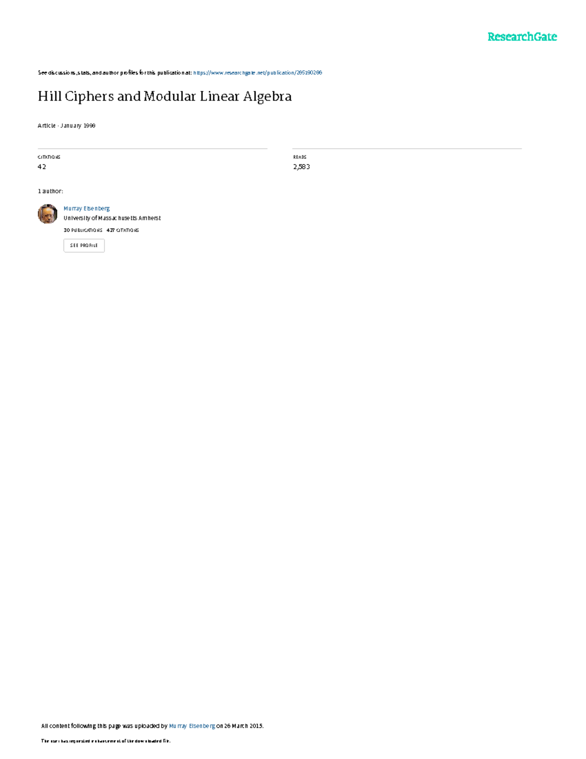 Hill Ciphers and Modular Linear Algebra: A Comprehensive Study - Studocu