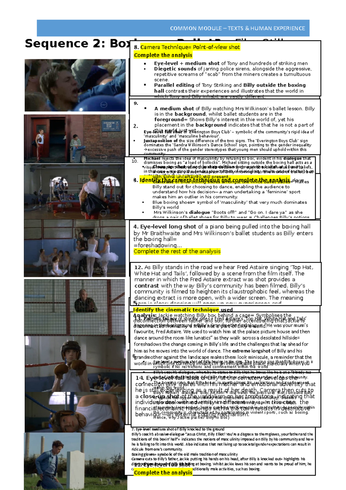 Billy Elliot - SQ 2 Film Stills Analysis: Boxing vs. Ballet - Studocu