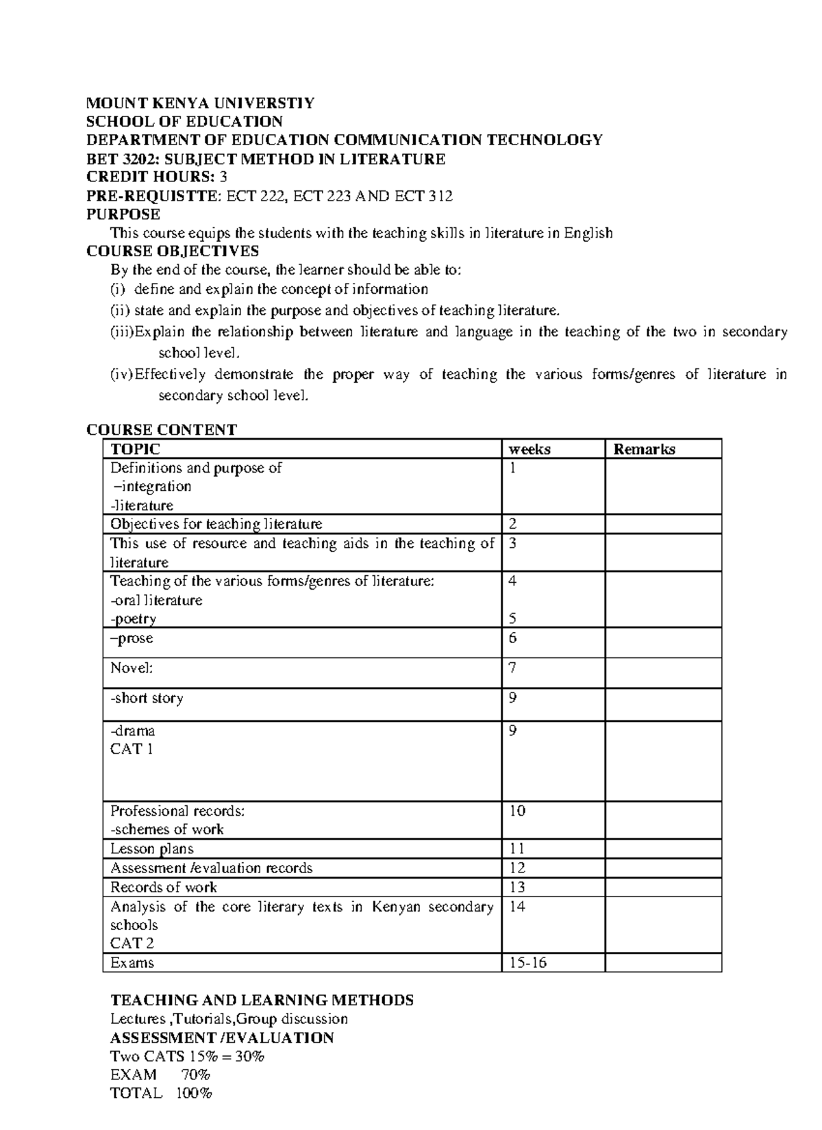 BET 3202: Subject Methods in English Literature - Course Overview and ...