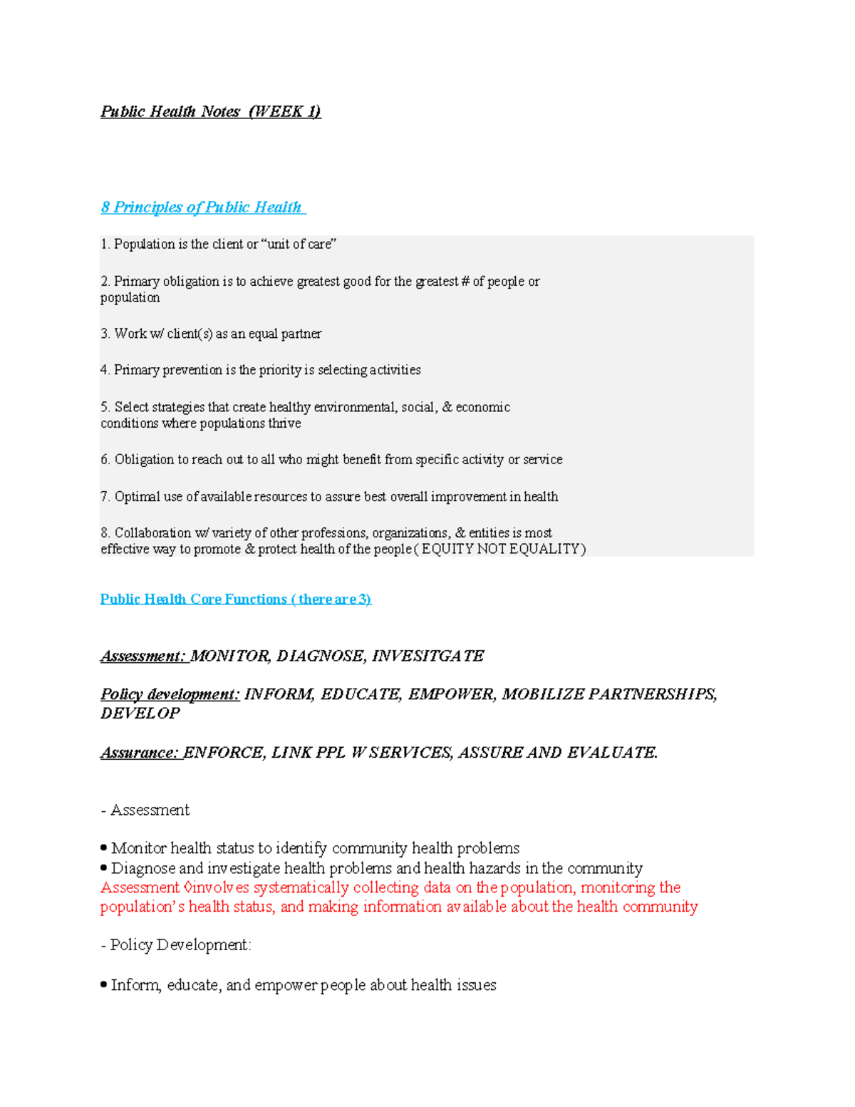 Public health week one - notes week one - Public Health Notes (WEEK 1 ...