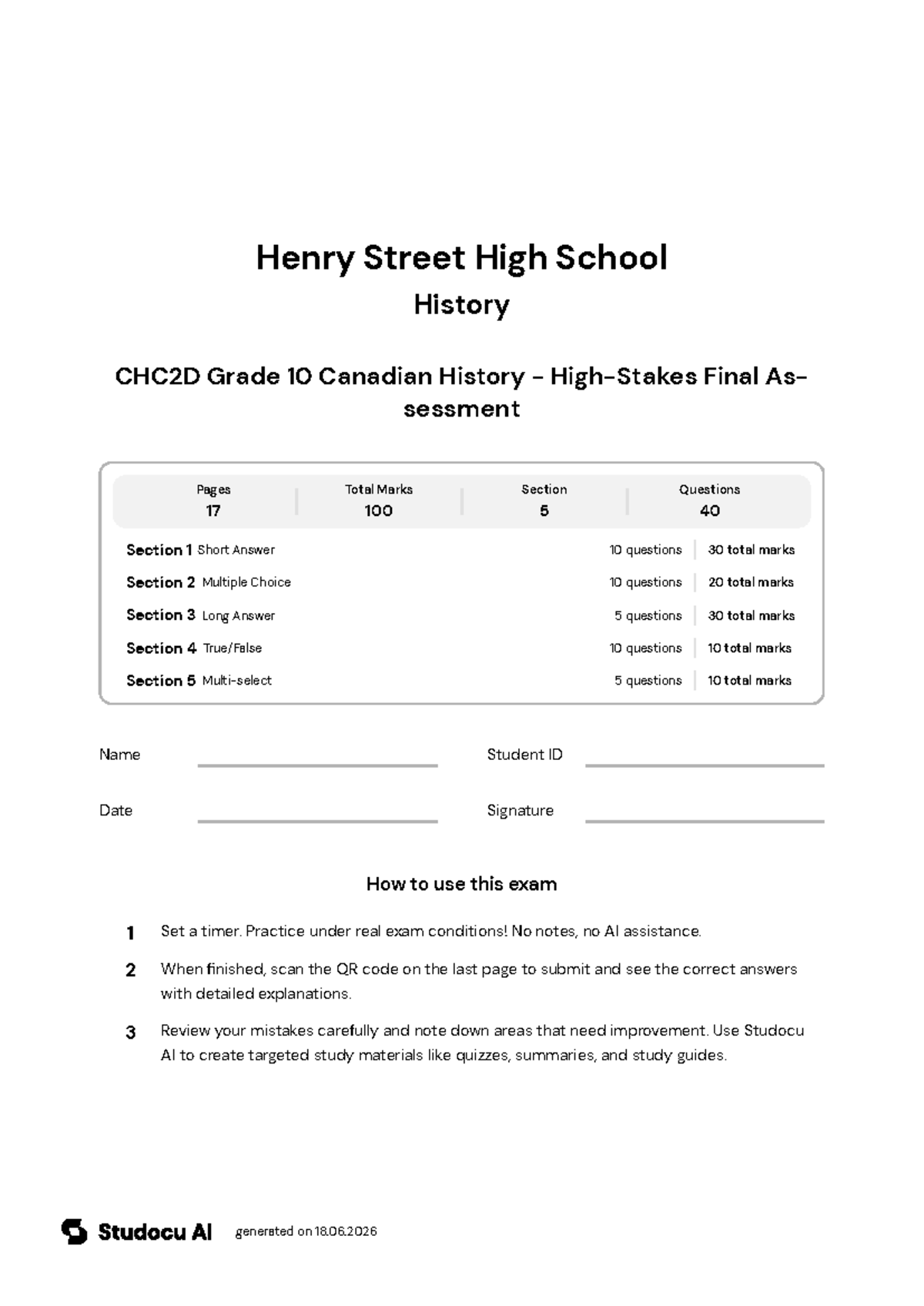 CHC2D Grade 10 Canadian History - Final Exam - Studocu