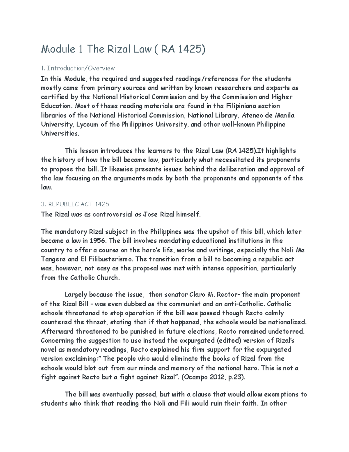 Lesson 1: The Rizal Law (RA 1425) and Its Impact on Philippine ...