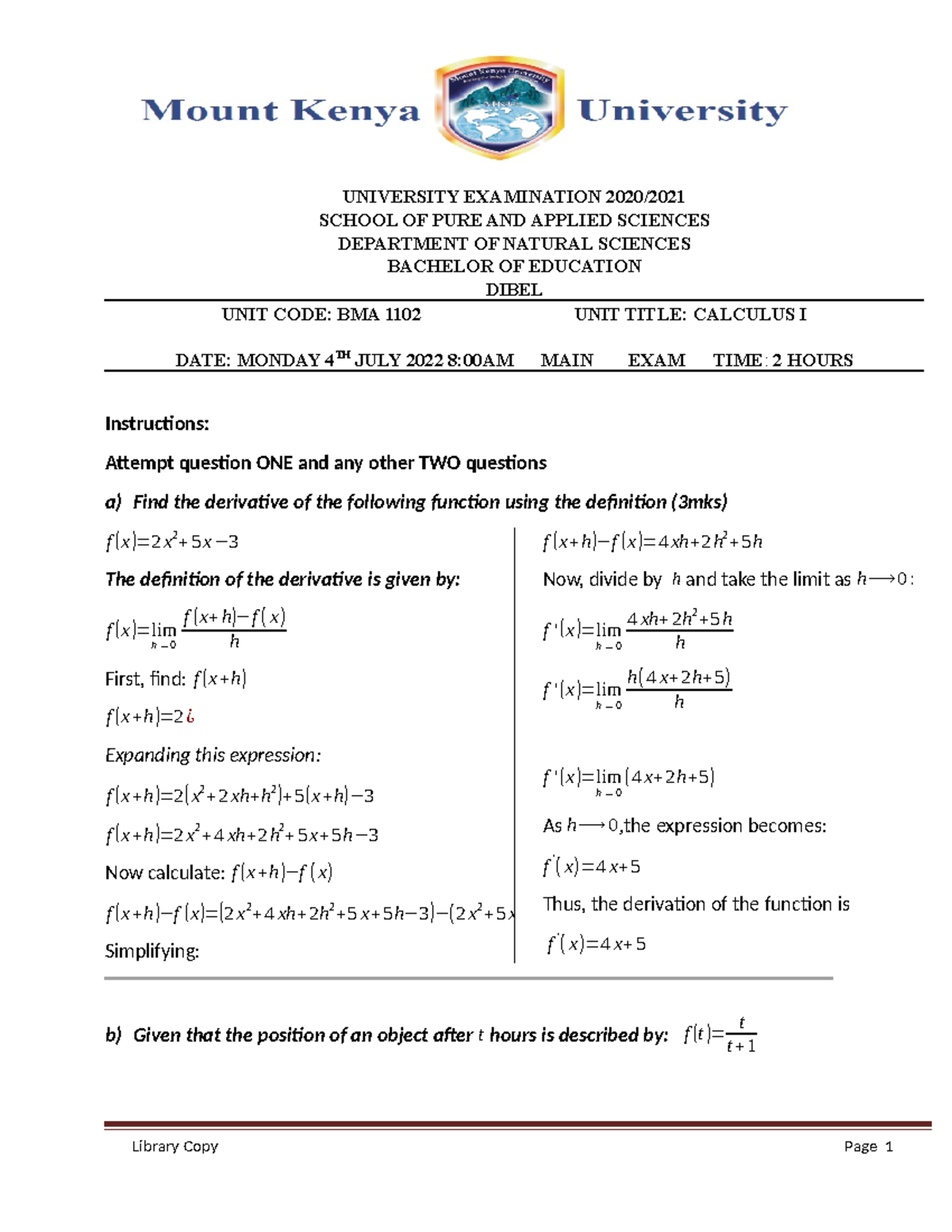 BMA 1102 Calculus I JULY 2022 MAIN EXAM - UNIVERSITY EXAMINATION 2020 ...