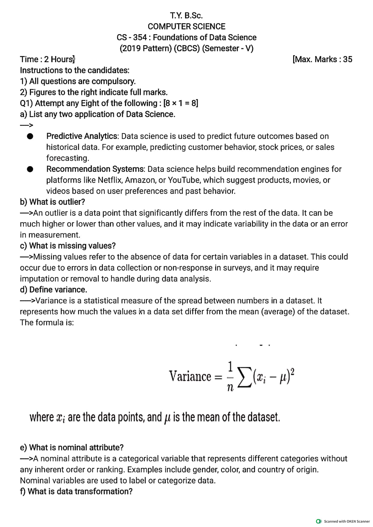 Foundations of Data Science - CS 354 Previous Year Question Paper - Studocu