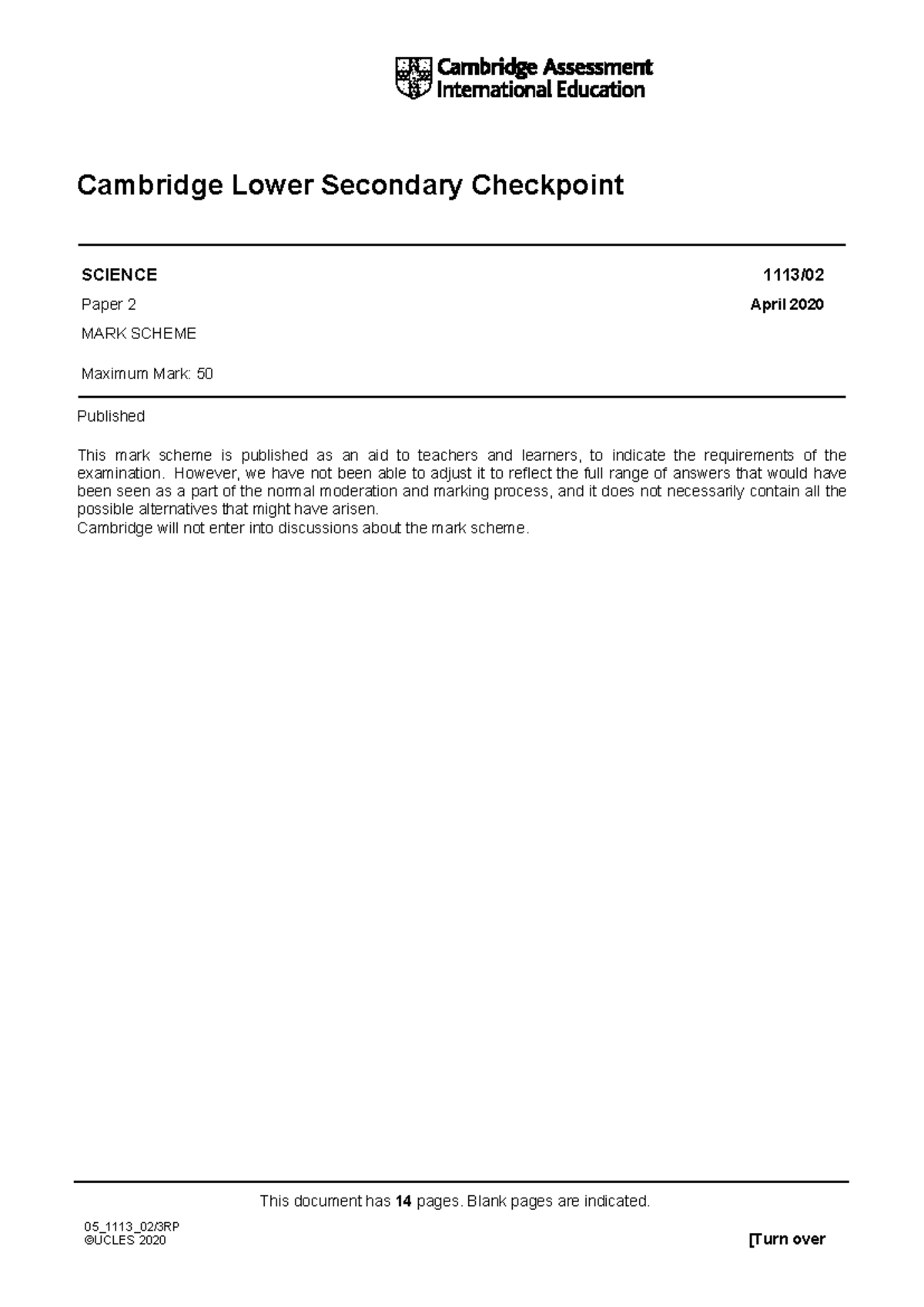 Cambridge Lower Secondary Checkpoint SCIENCE Paper 2 Marking Scheme ...