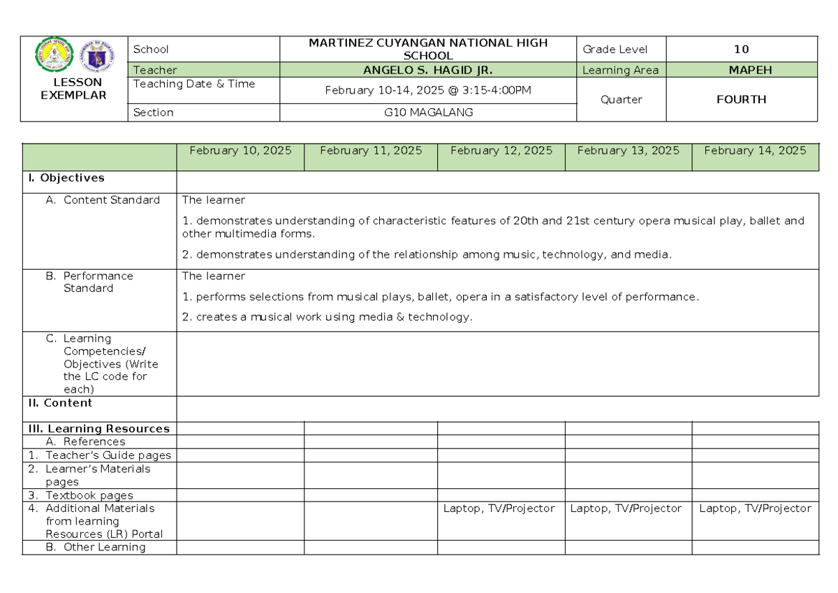 G10 MAPEH Lesson Plan - 2nd Sem HOPE 12 - Week 1 - Studocu