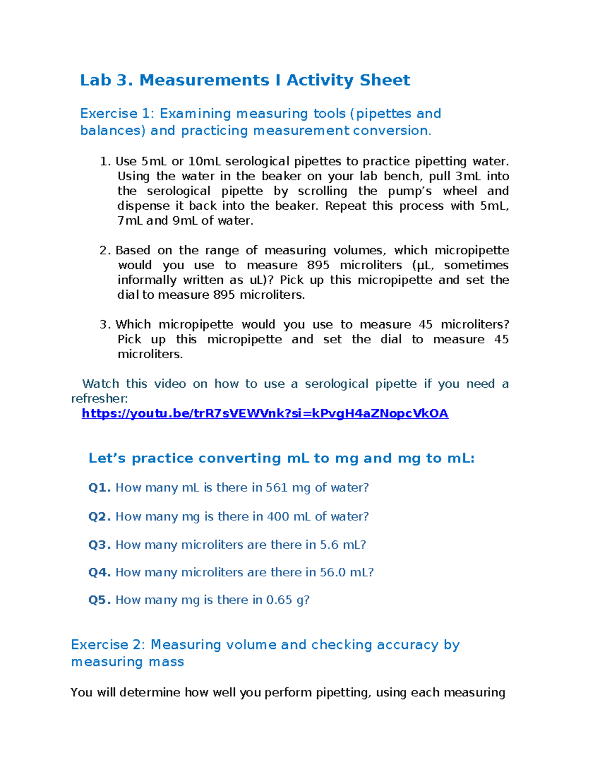 Lab 3: Measurements I Activity Sheet - Lab 3. Measurements I Activity ...