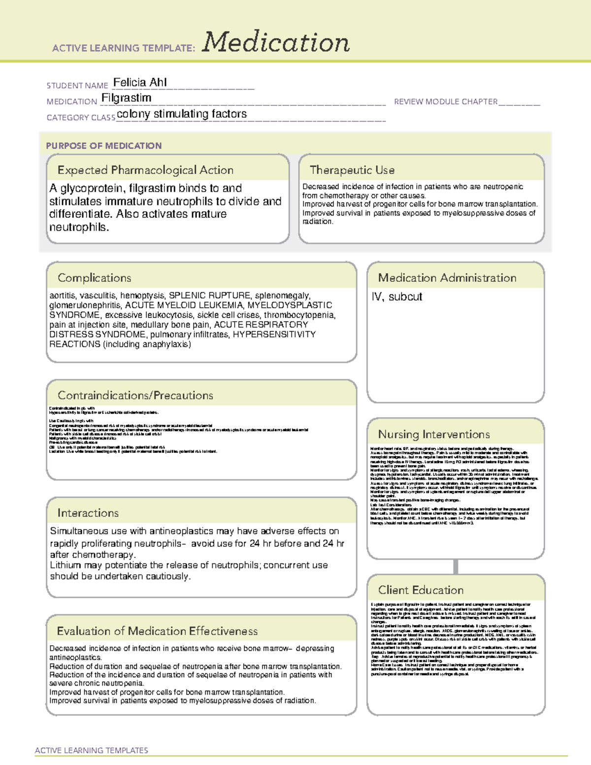 Filgrastim Drug Card Study Guide for Nursing (NUR 101) - Studocu