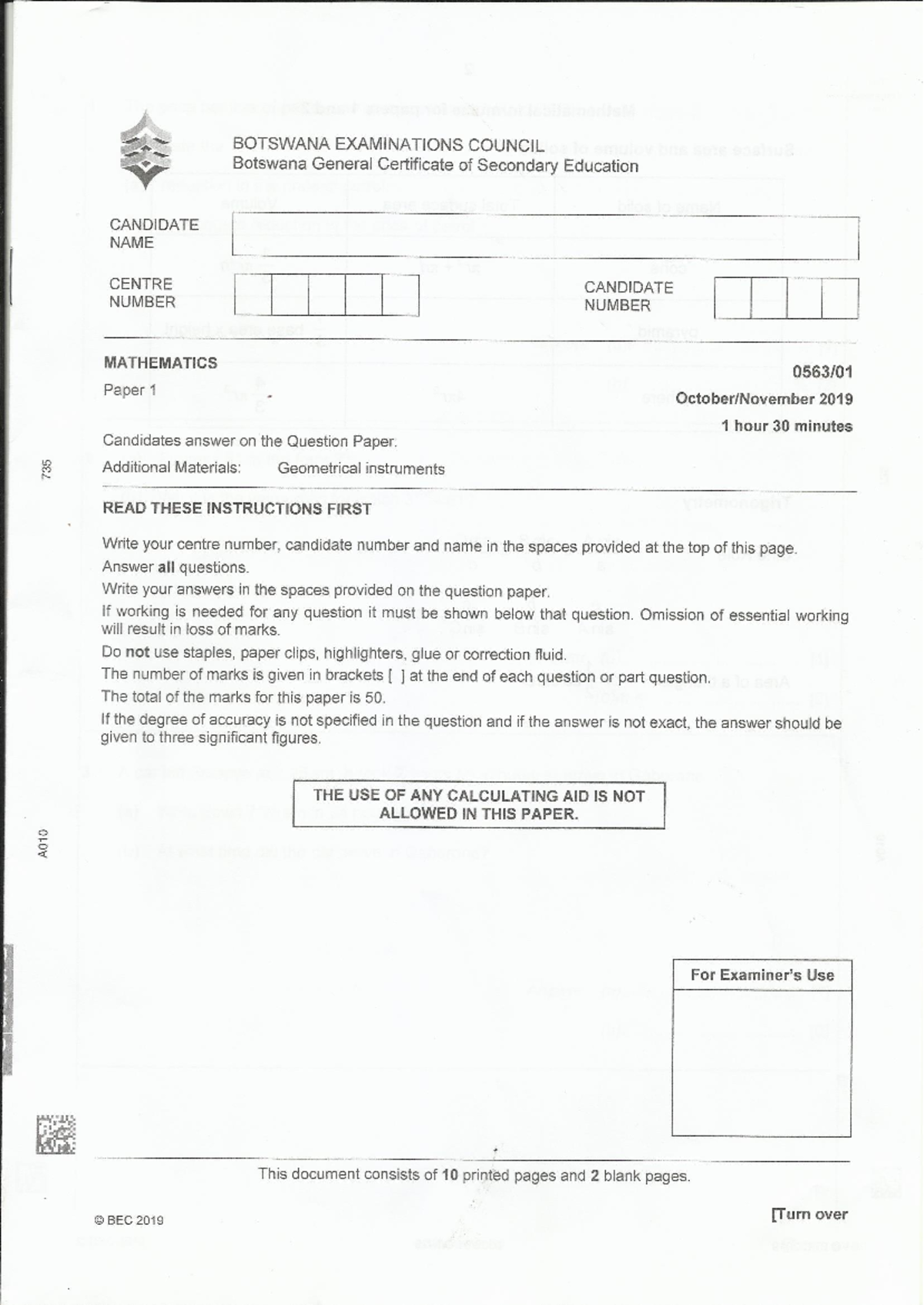 BEC 2019 Mathematics Paper 1 Exam Instructions and Questions - Studocu