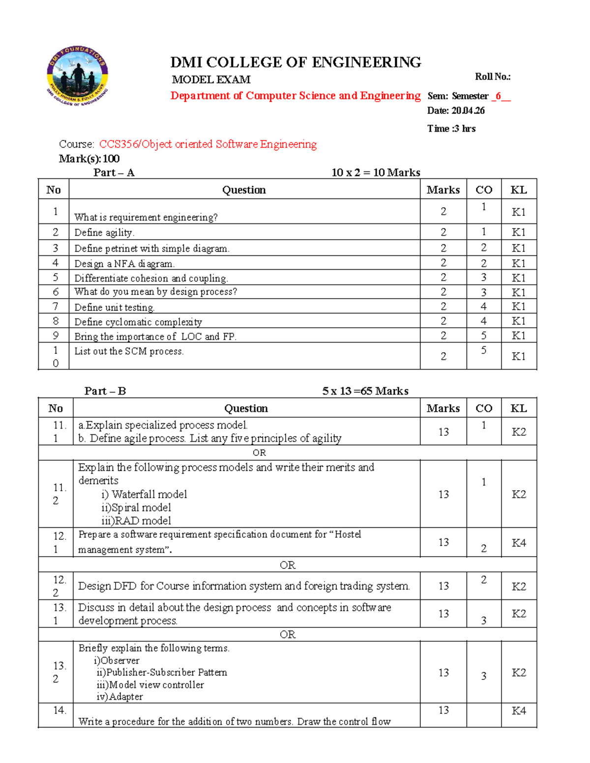 DMI COLLEGE OF ENGINEERING CSE Sem 6 Model Exam - Software Engineering ...