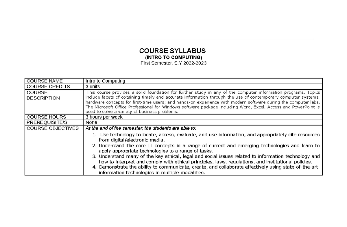 Intro to computing syllabus WORD - COURSE SYLLABUS (INTRO TO COMPUTING) First Semester, S 2022 ...
