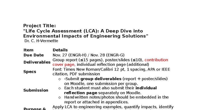 ENGR202-F2025-L: LCA Project Report on Environmental Impacts - Studocu