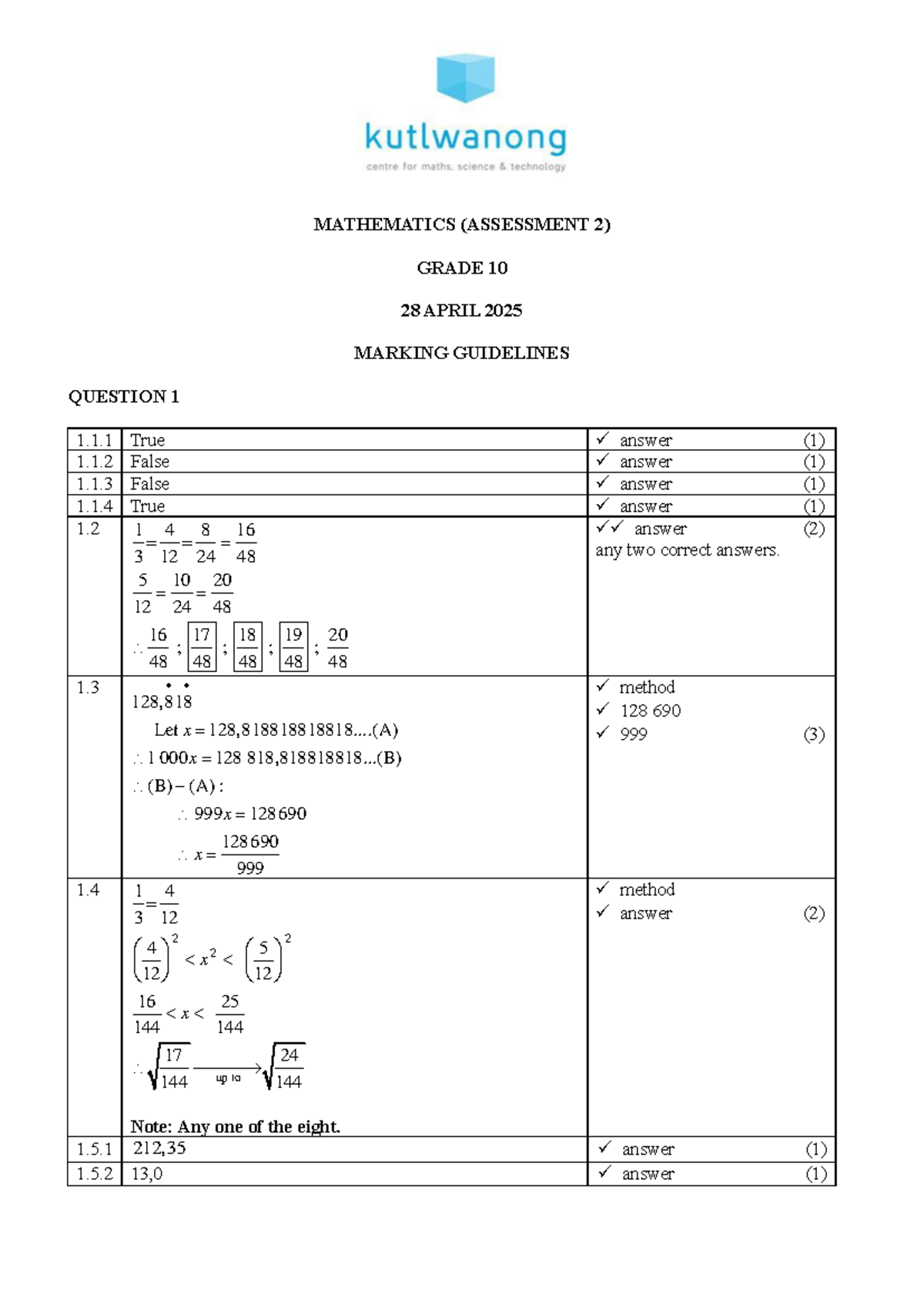Mathematics Grade 10 Assessment 2 Memorandum (28 April 2025) - Studocu