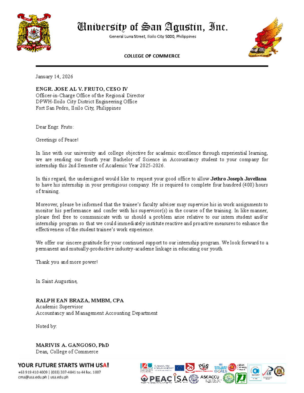 Endorsement Letter Template for BSA Internship Program - Studocu