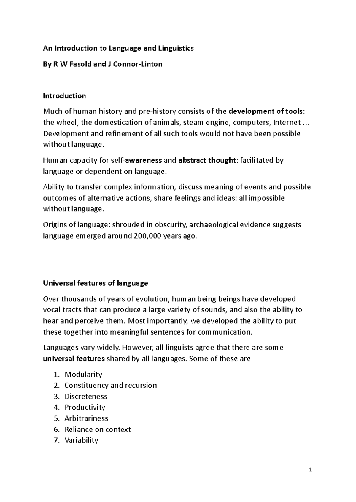 Fasold Language and Linguistics (Part 1) - An Introductory Overview ...