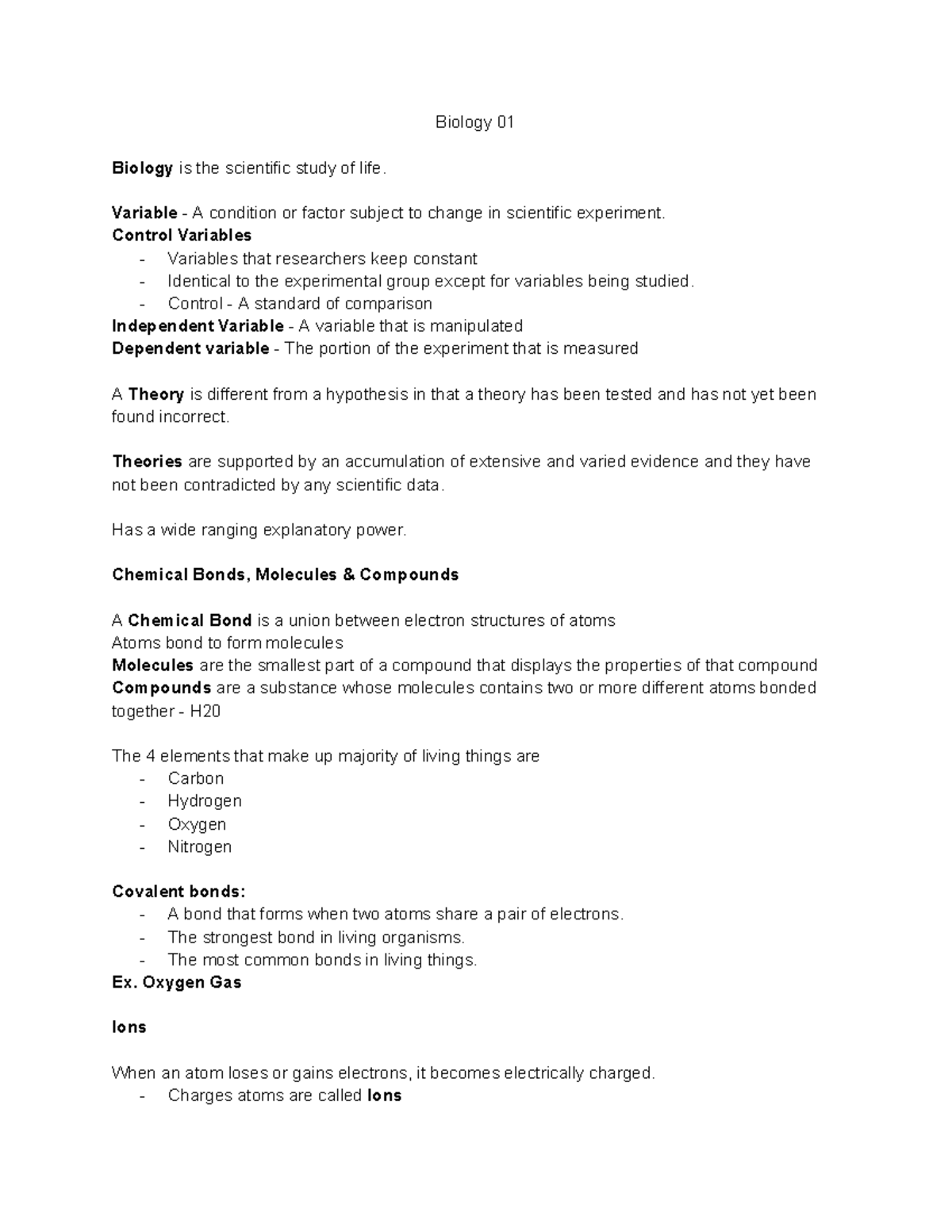 Biology 01 - Comprehensive Lecture Notes and Concepts Overview - Studocu
