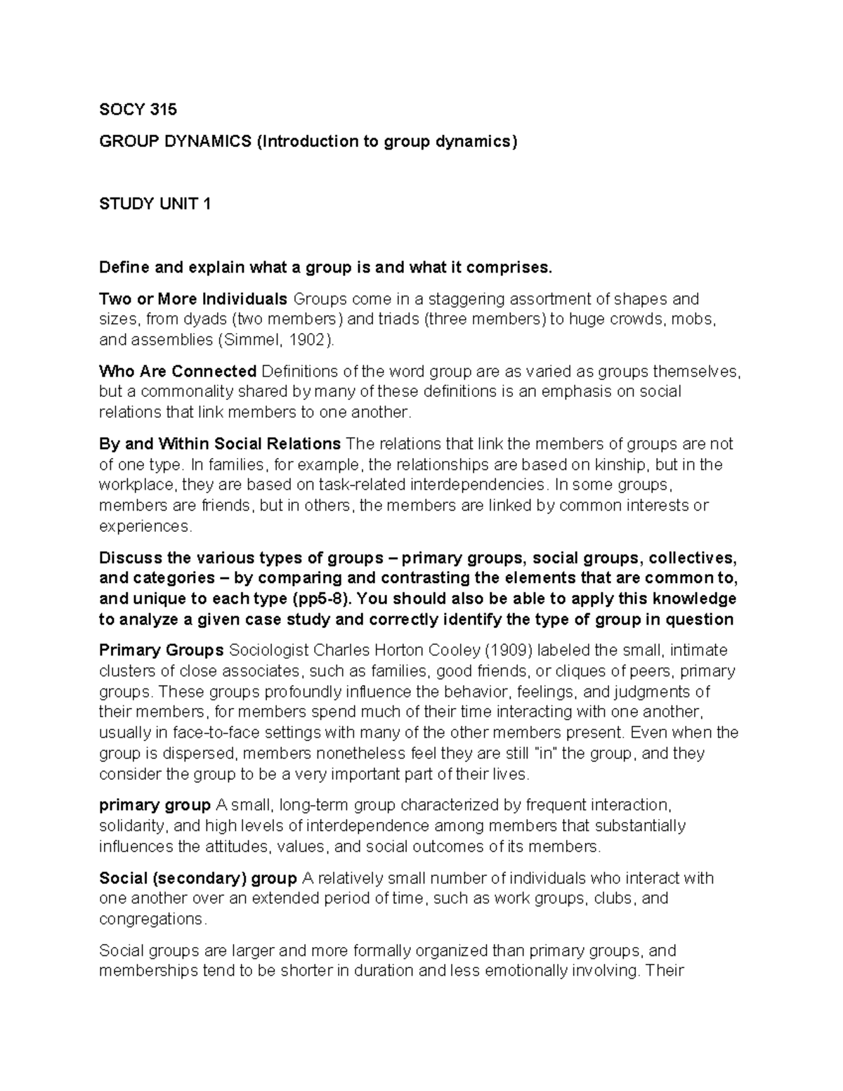 SOCY 315 GROUP DYNAMICS: Study Unit 1 - Understanding Group Concepts ...