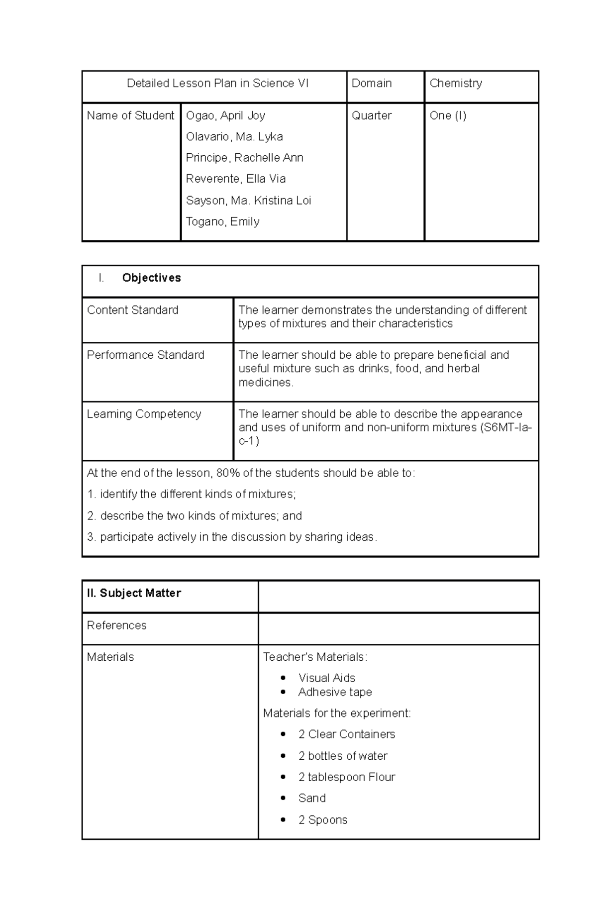 Detailed Lesson Plan in Science VI: Focus on Mixtures and Properties ...