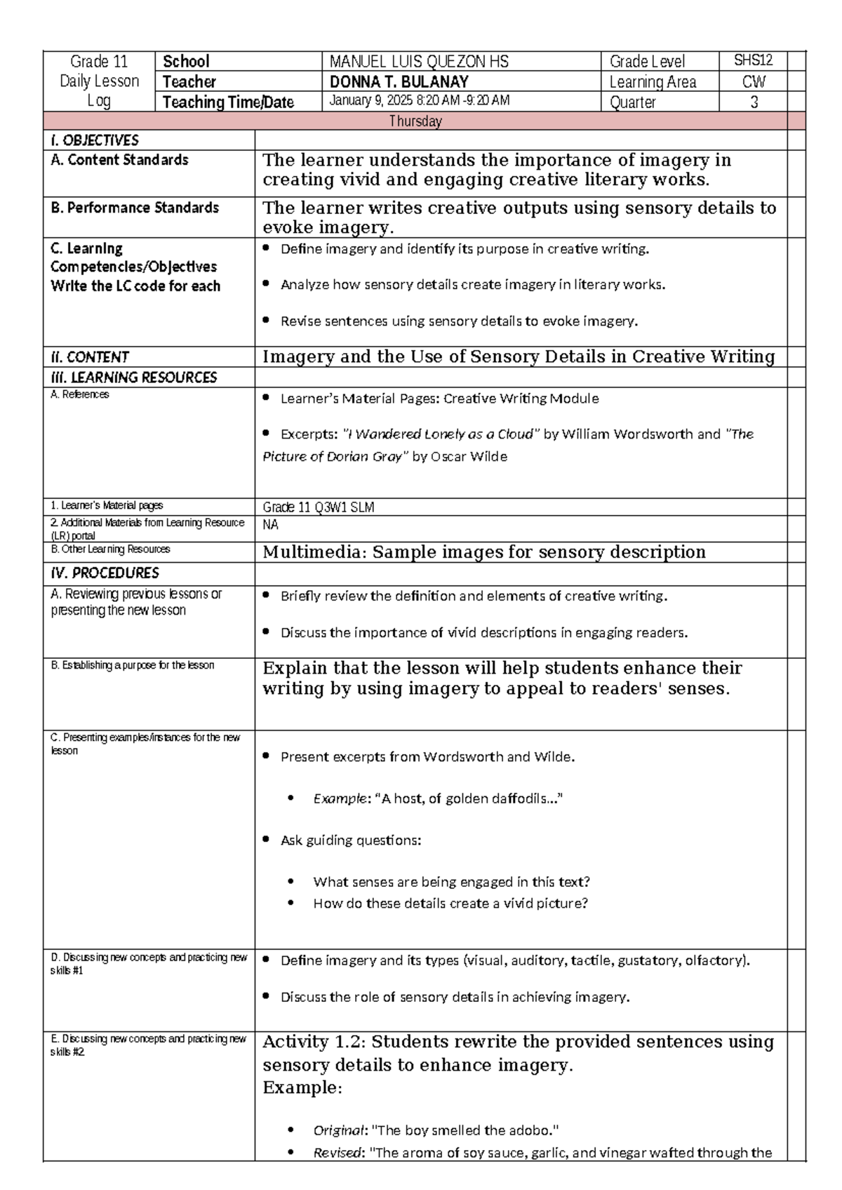 Grade 11 CW Lesson: Exploring Imagery in Creative Writing (Jan 9) - Studocu