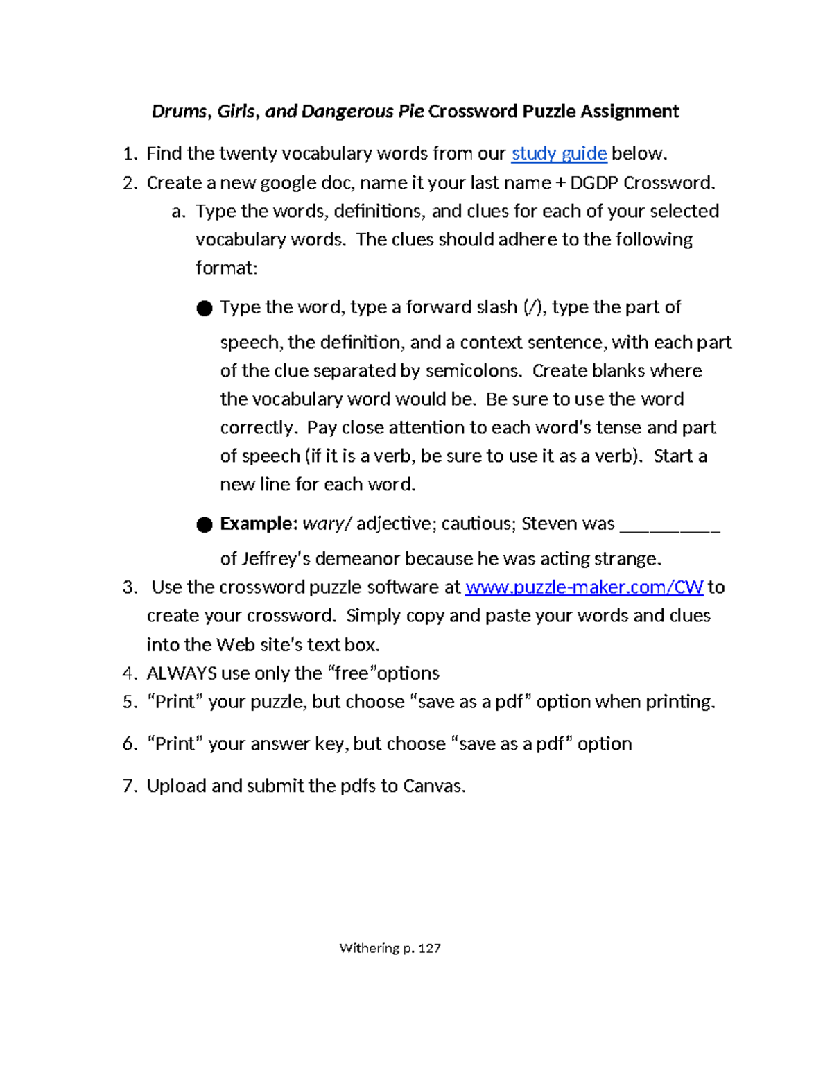 DGDP Crossword Assignment: Vocabulary Words and Clues Creation - Studocu
