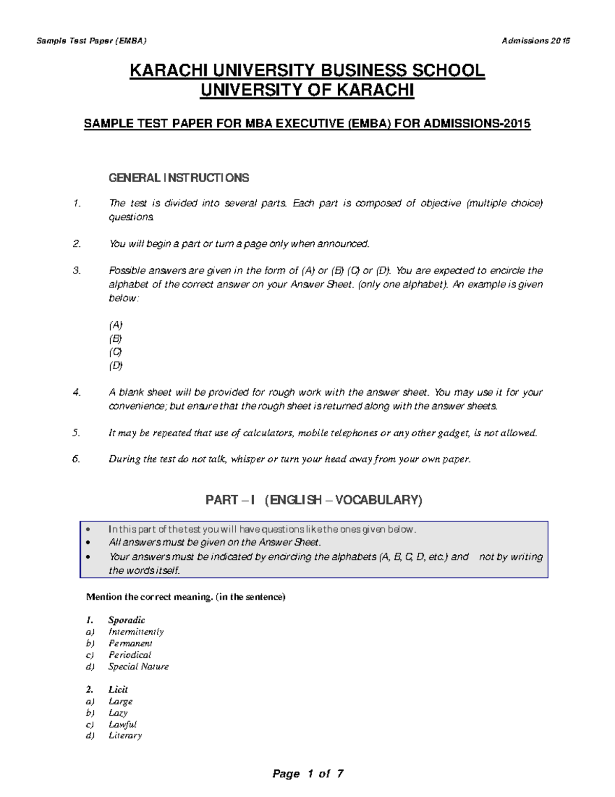 Sample Test Paper for MBA Executive (EMBA) Admissions 2015 - Studocu