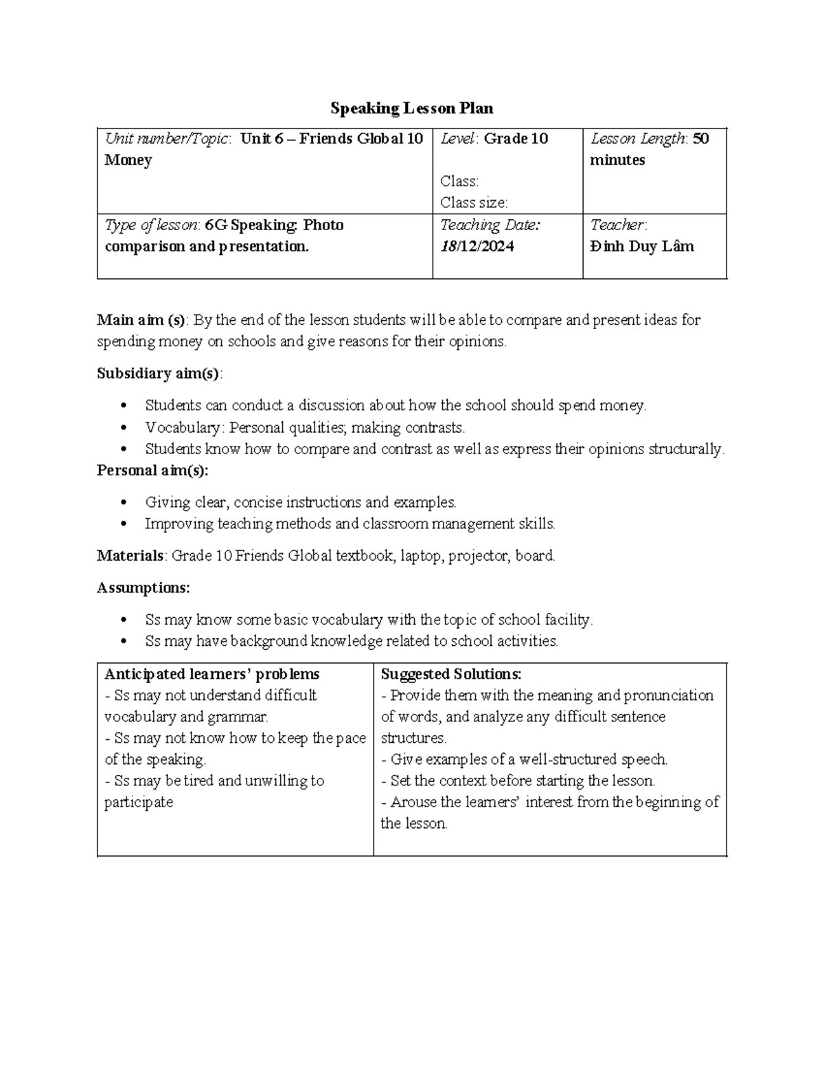 Speaking Lesson Plan 6G - Dinh Duy Lam - Speaking Lesson Plan Unit ...