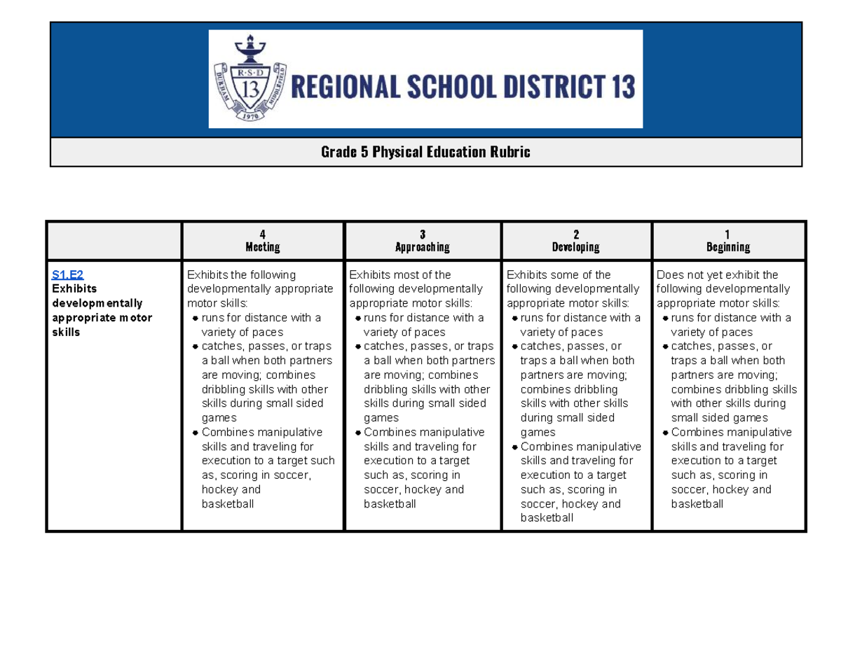 Grade 5 PE Assessment Rubric: Motor Skills & Performance Criteria - Studocu