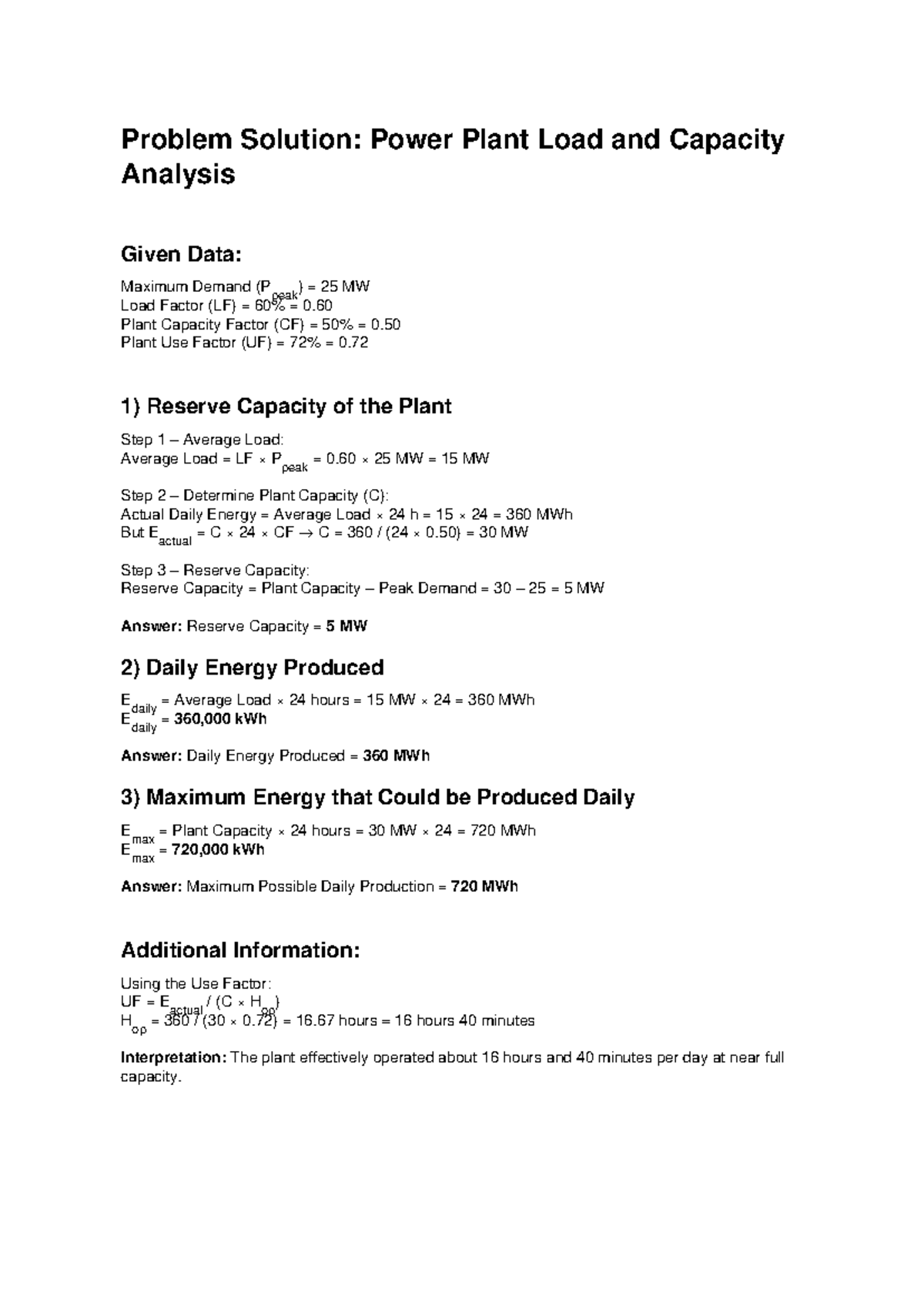 Power Plant Load & Capacity Analysis: Problem Solution - Studocu