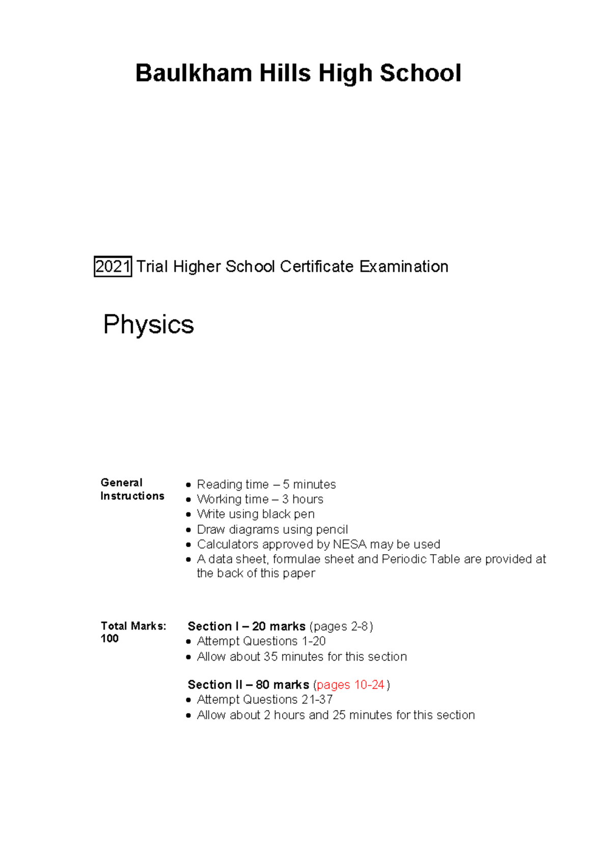 Baulko HSC Physics Trial Exam 2021 - Past Paper - Studocu