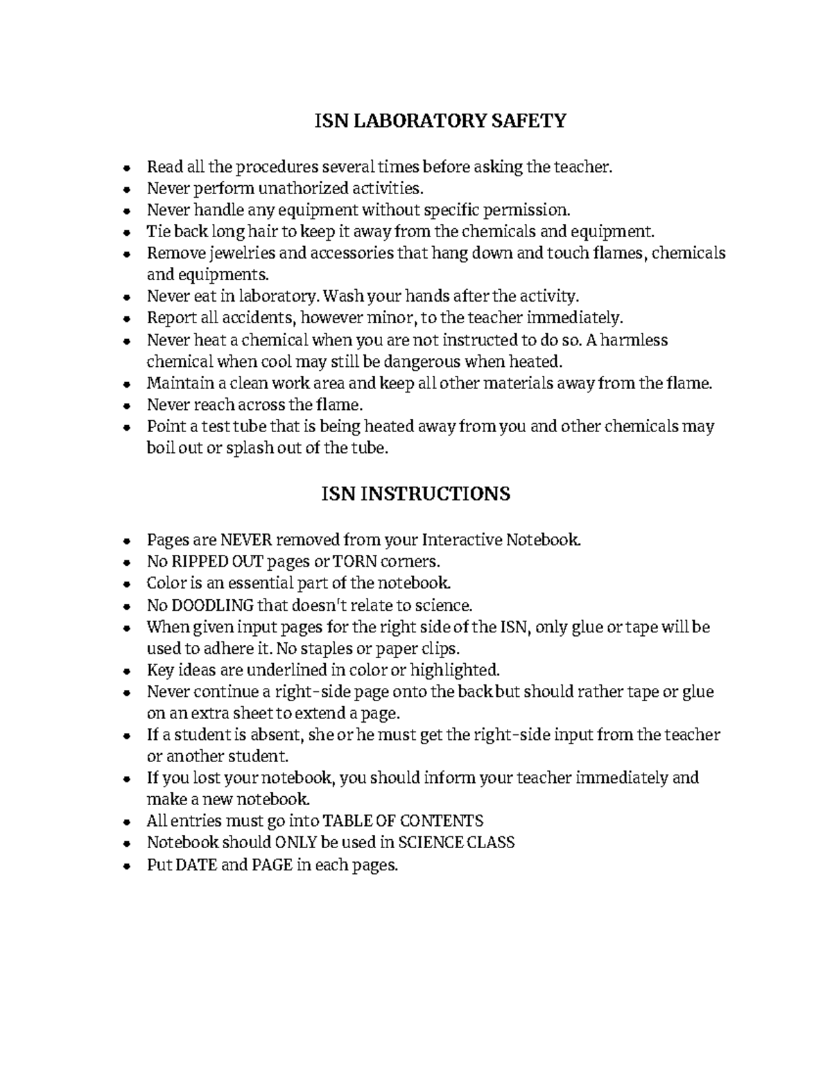 ISN Pages - ISN LABORATORY SAFETY Read all the procedures several times ...