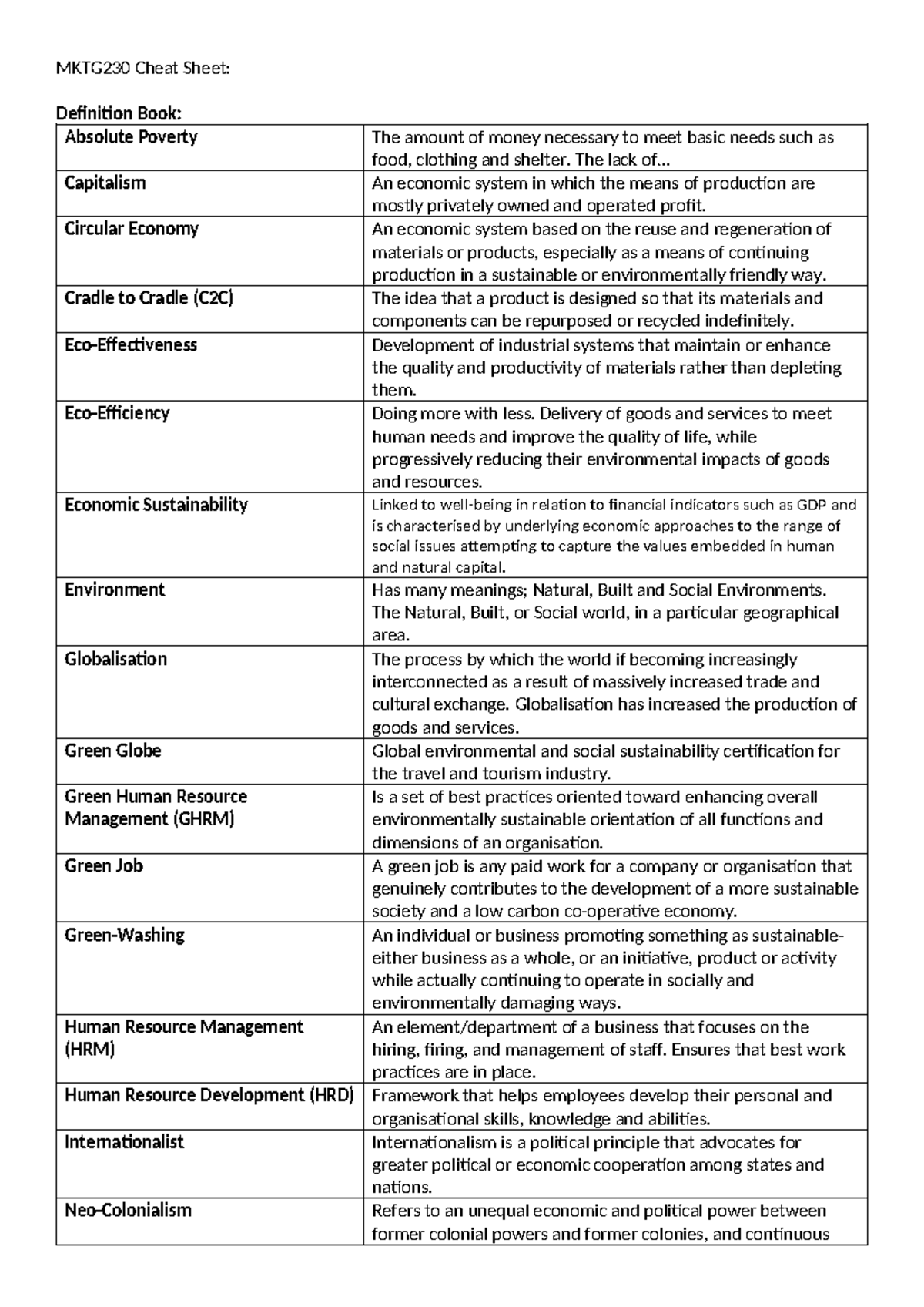 MKTG230 Environmental Sustainability Cheat Sheet for Exam Prep - Studocu