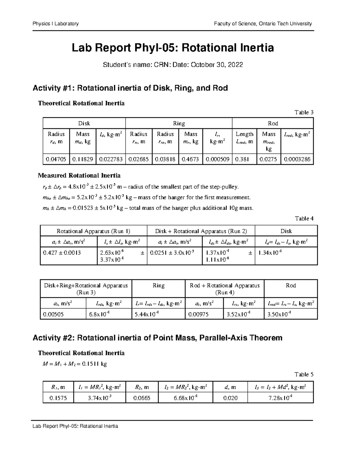 Lab 5 PHYS 1: Report on Rotational Inertia Measurements - Studocu