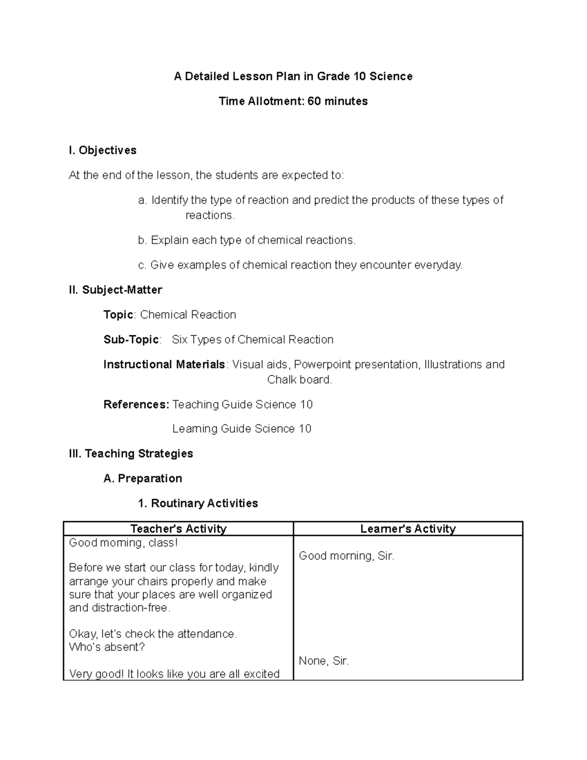 Grade 10 Science Lesson Plan - Chemical reaction - A Detailed Lesson ...