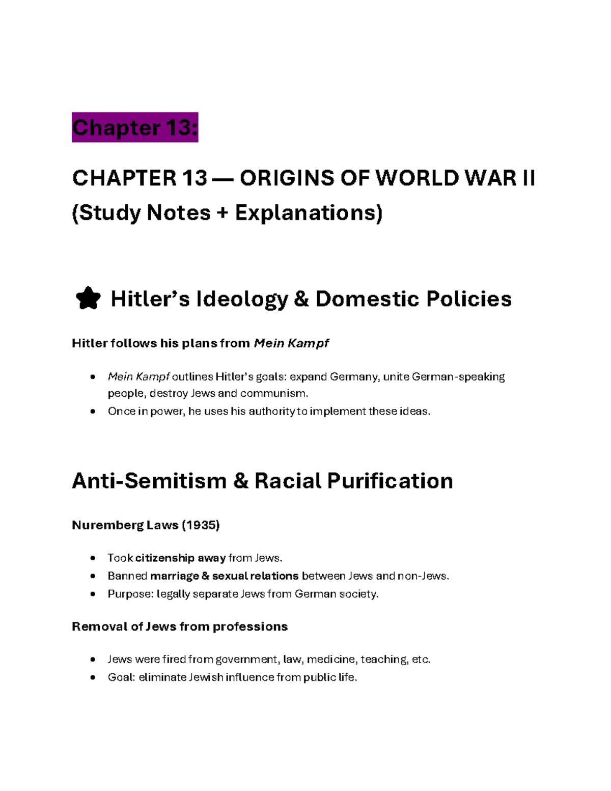 Chapter 13: Origins of World War II - Study Notes - Studocu