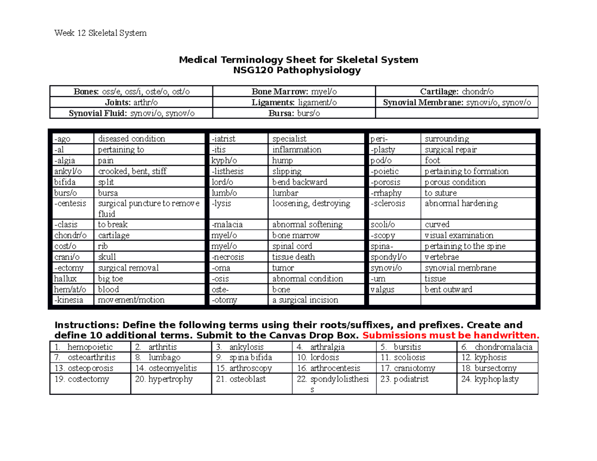 Module 12-2 Medical Terminology Sheet for Skeletal System - Medical ...
