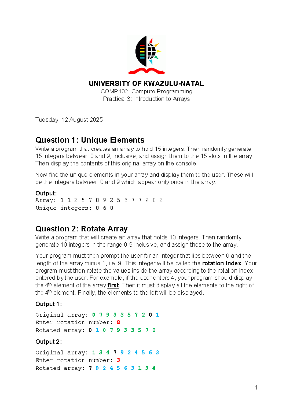 UNIVERSITY OF COMP102: Practical 3 - Intro to Arrays and Rotation - Studocu