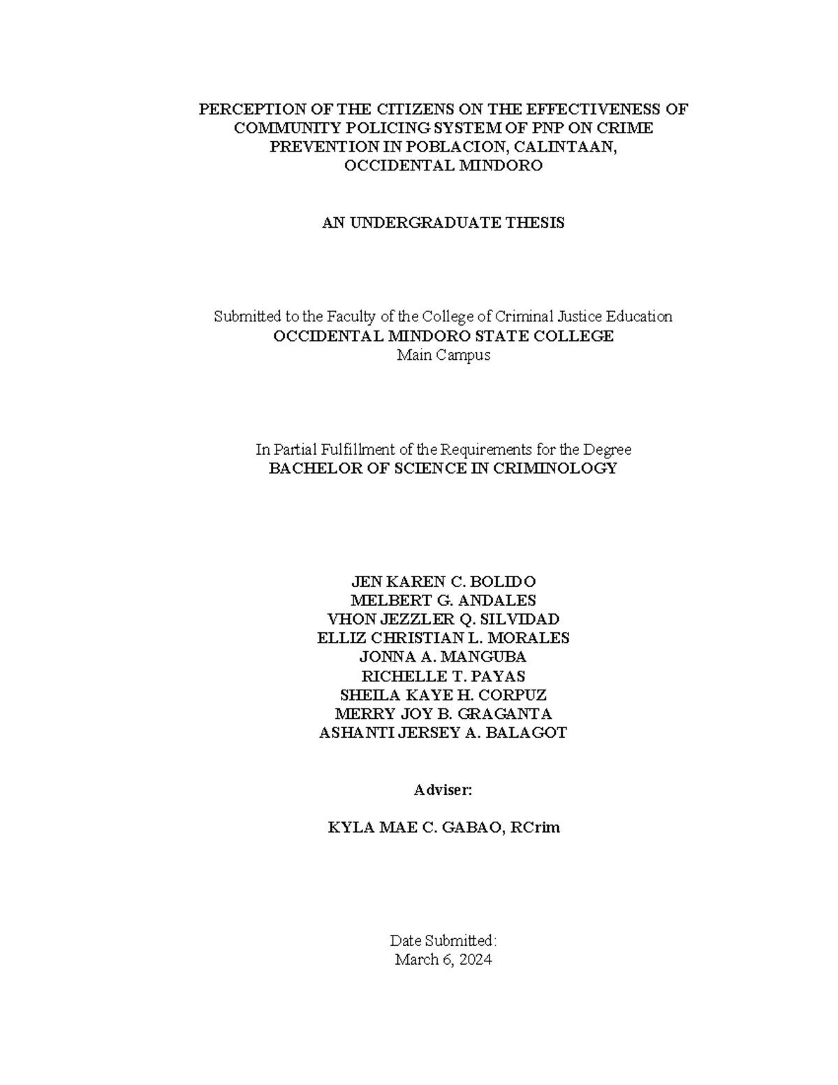 Effectiveness of PNP Community Policing on Crime Prevention in OCC ...