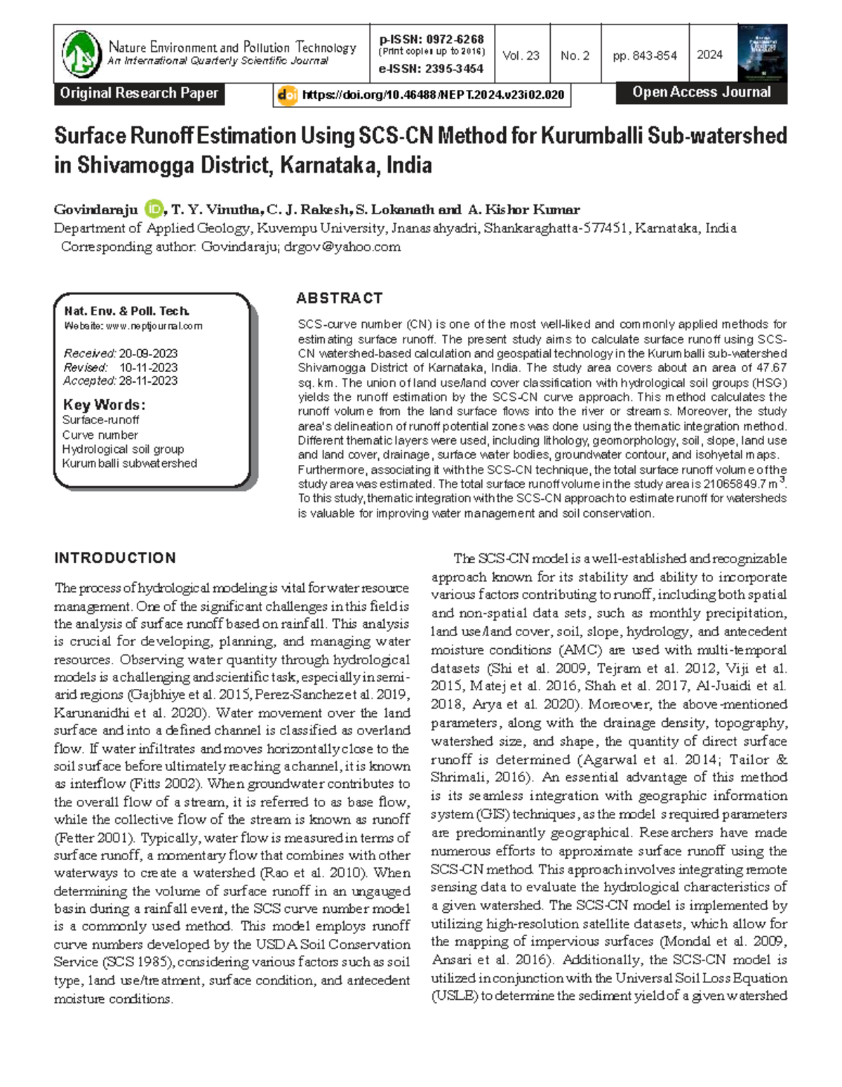 SCS-CN Method for Surface Runoff Estimation in Kurumballi, Karnataka ...