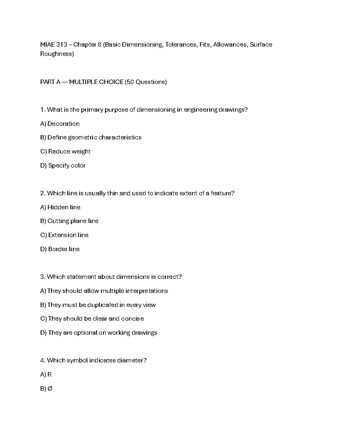 MIAE 313 Final Quiz Review: Dimensioning, Tolerances, and Fits - Studocu