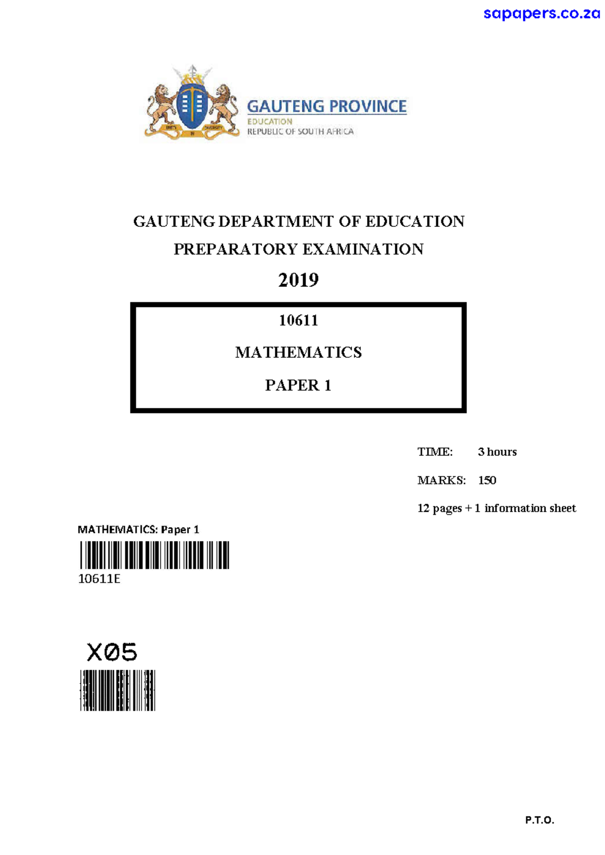 Mathematics P1 (10611) Preparatory Exam 2019 Question Paper - Studocu