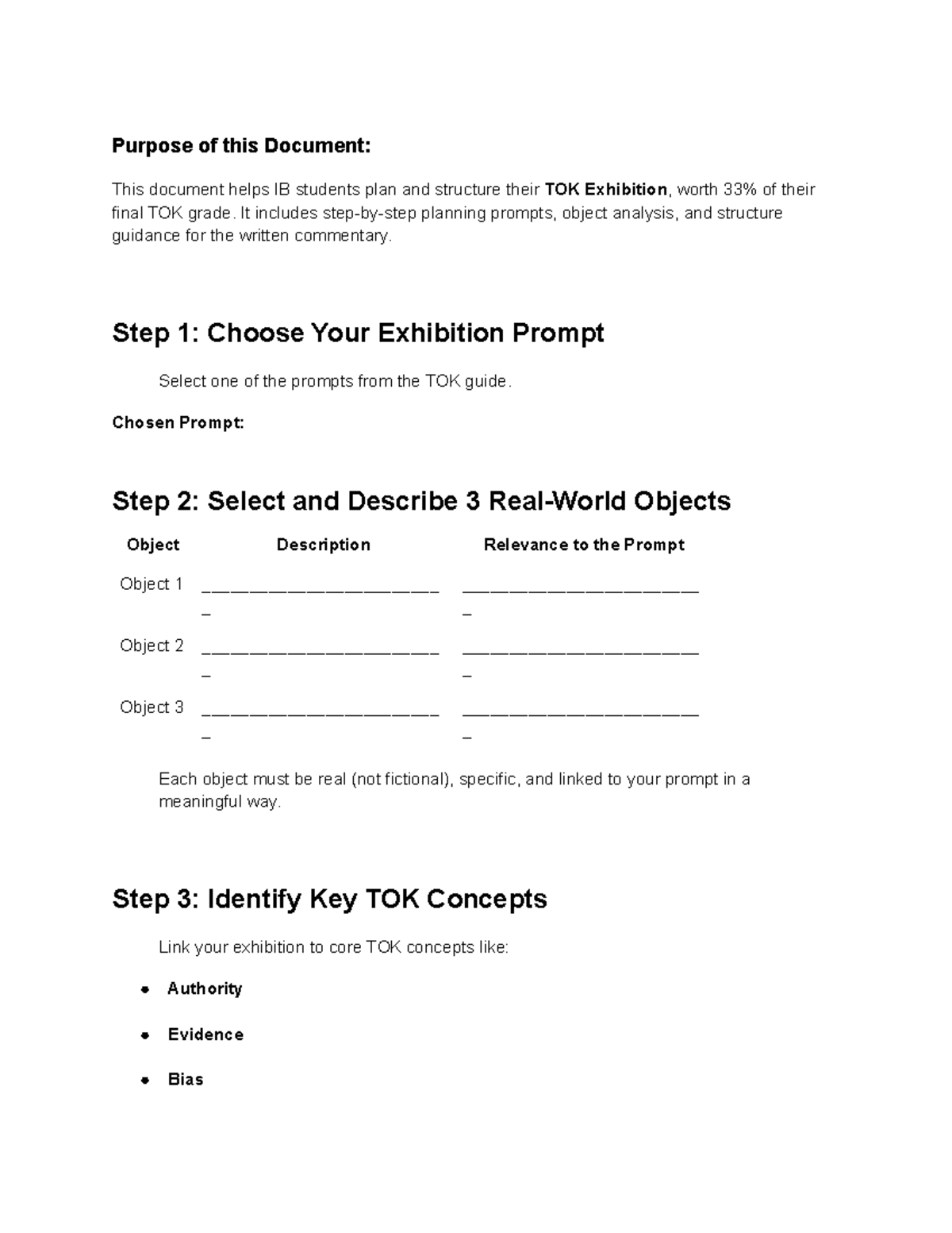 TOK Exhibition Template: IB Theory of Knowledge Planning Guide - Studocu