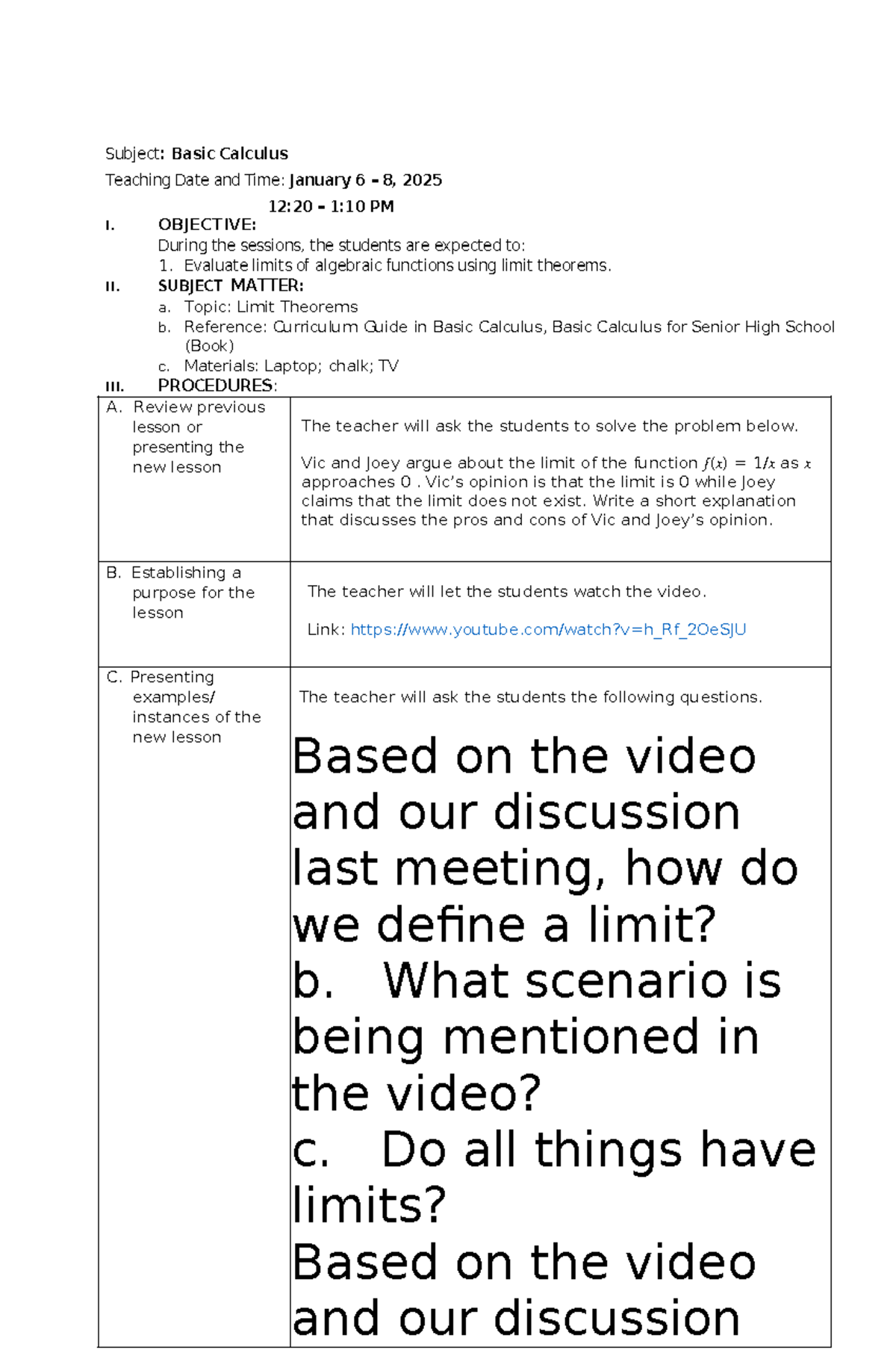 Lesson Plan - Limit Theorems - Subject: Basic Calculus Teaching Date ...