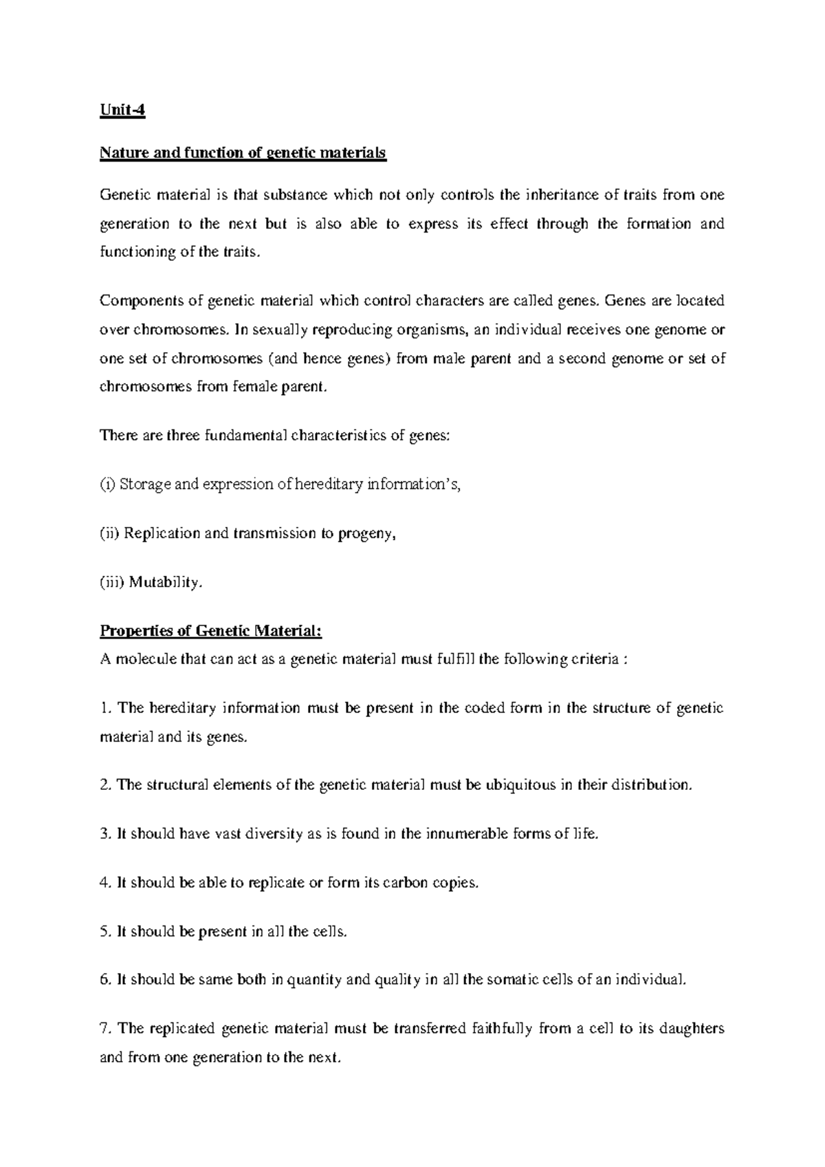 Unit 4: Genetic Material - Nature, Function, and Properties - Studocu