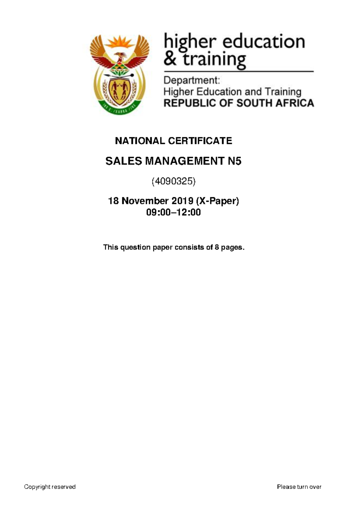 Sales Management N5 NOV 2019 Question Paper and Marking Guide - Studocu