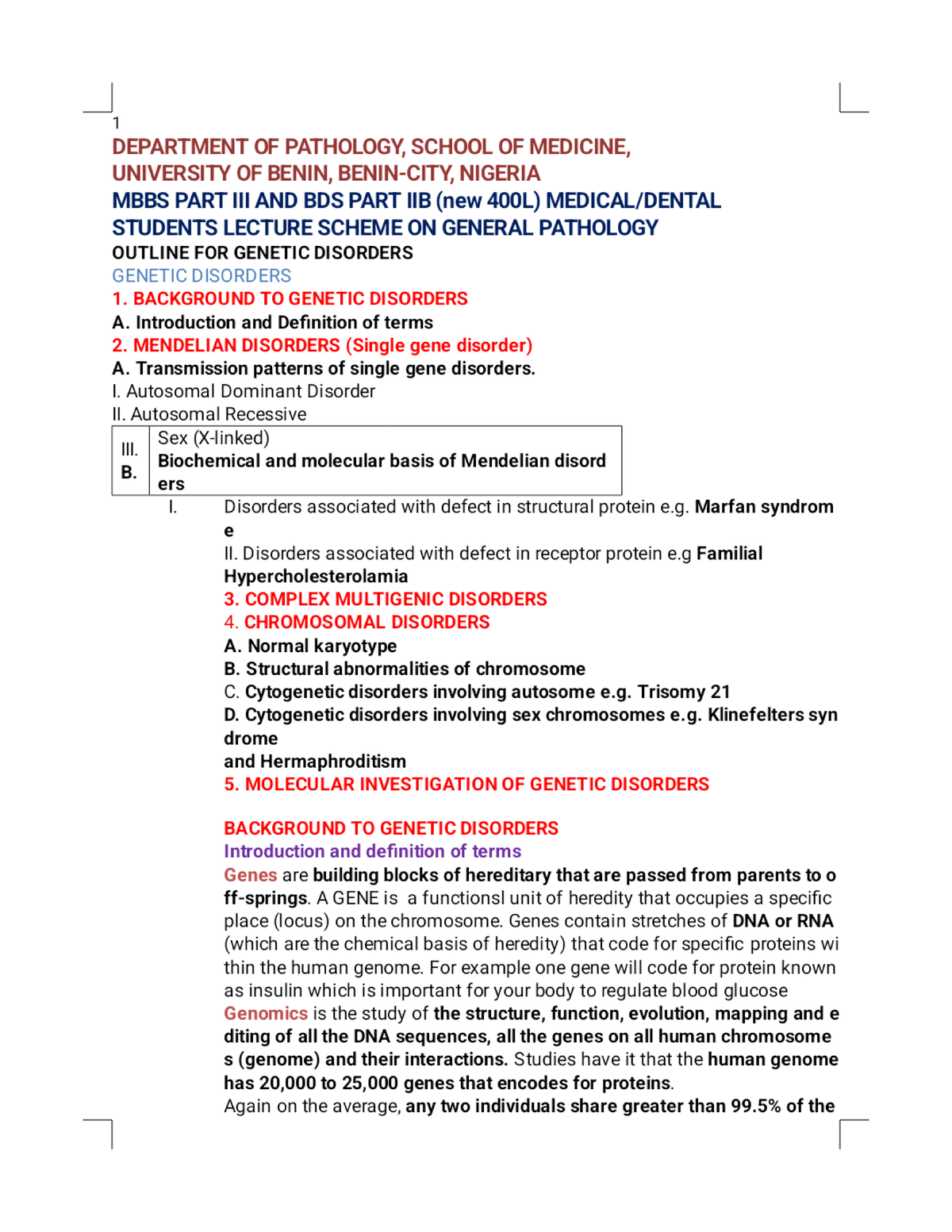 Genetics Lecture Notes: Genetic Disorders Overview (MBBS 400L) - Studocu