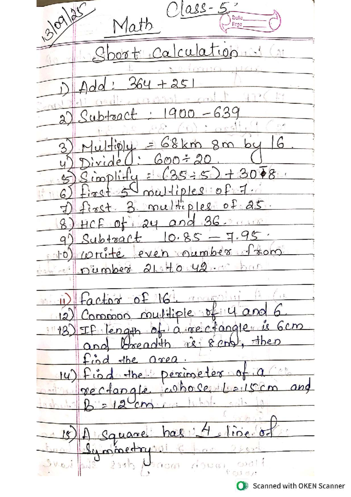 Class 5 Math Worksheet: Short Calculations and Problems - Studocu