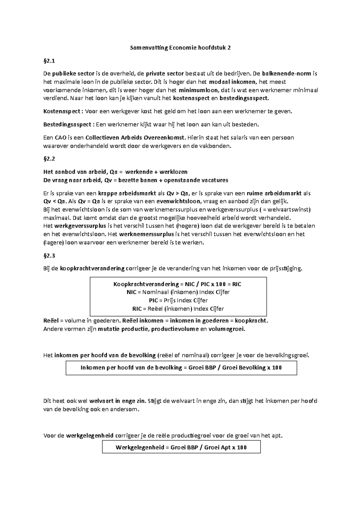 Samenvatting Economie Hoofdstuk 2: Werk en Inkomen Analyses - Studeersnel