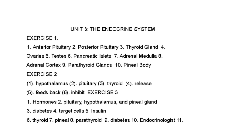 UNIT 3: Endocrine System - Exercises Overview - Studocu